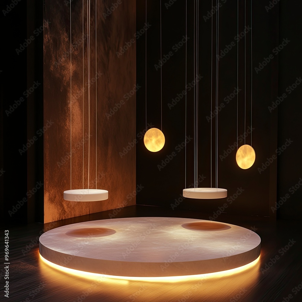 Floating round podium with invisible suspension, giving a magical ...