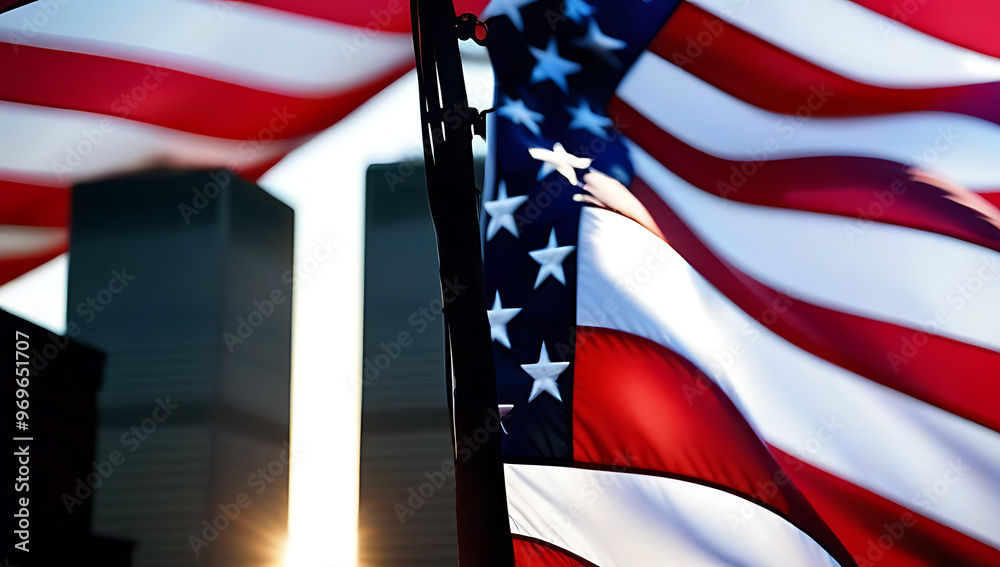 patriot day honor remember attacks visual twin towers american flag backdrop Stock Illustration ...