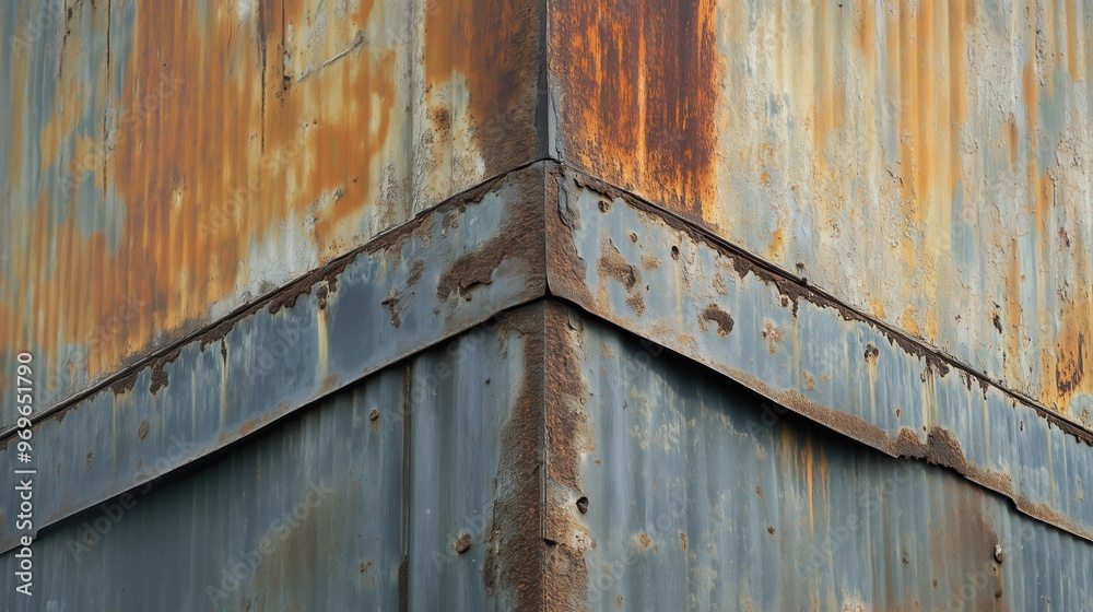 The corner of a building is rusted and has a lot of dirt on it. The ...