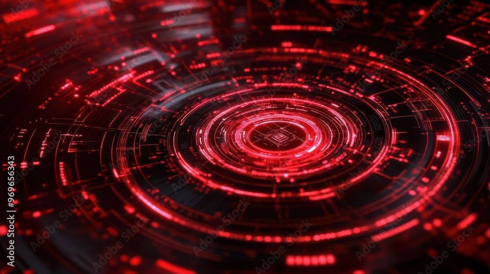 Quantum computing core pulsating with crimson energy, encircled by dynamic data streams and ...
