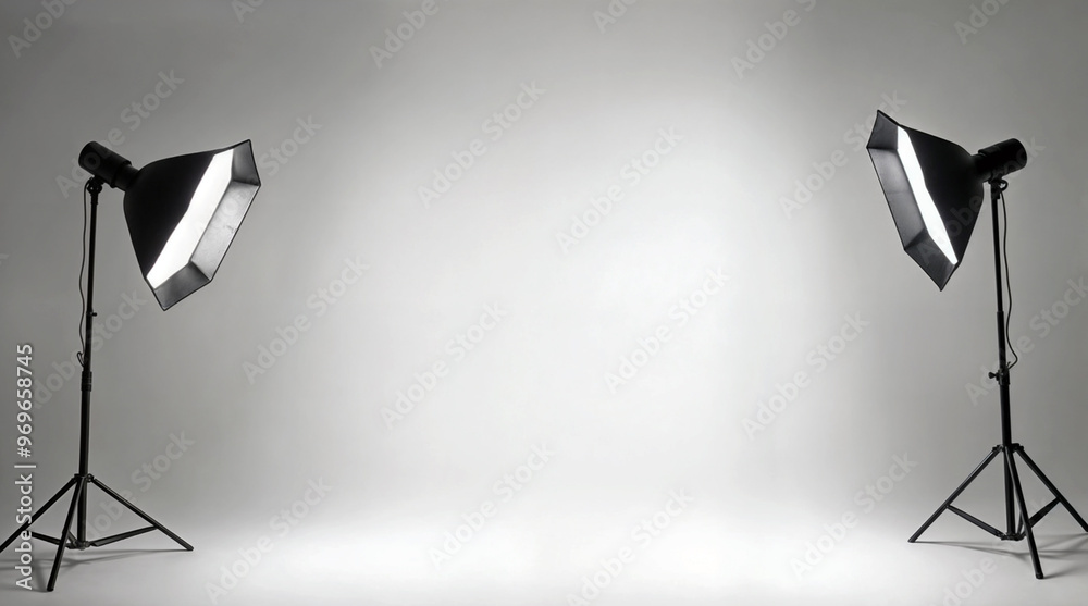 Professional photography studio setup with two softbox lights on stands ...