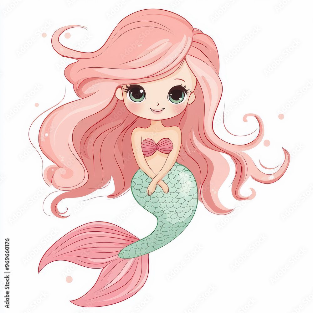 Dibujo de una bella sirena de grandes ojos negros, pelo largo y cola de ...