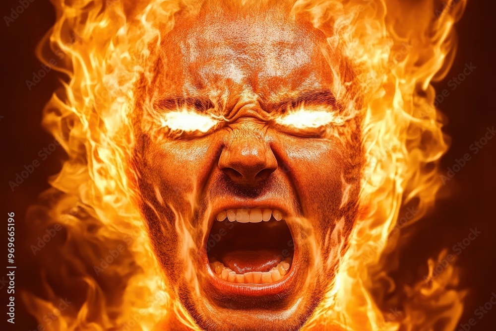 An individual reacts with fierce intensity, their face enveloped in ...