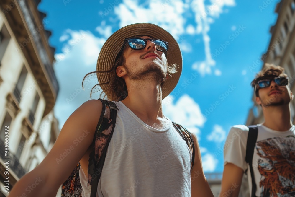 Two digital influencers pose confidently under a bright blue sky ...
