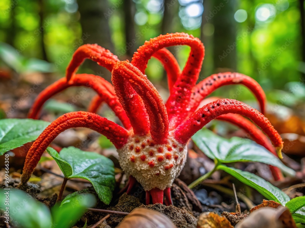A rare and unusual devil's hand mushroom, Clathrus archeri, with its ...