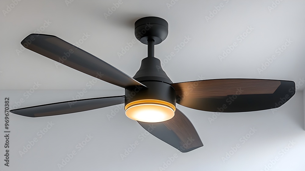 Photograph of a sleek contemporary ceiling fan with integrated lighting ...