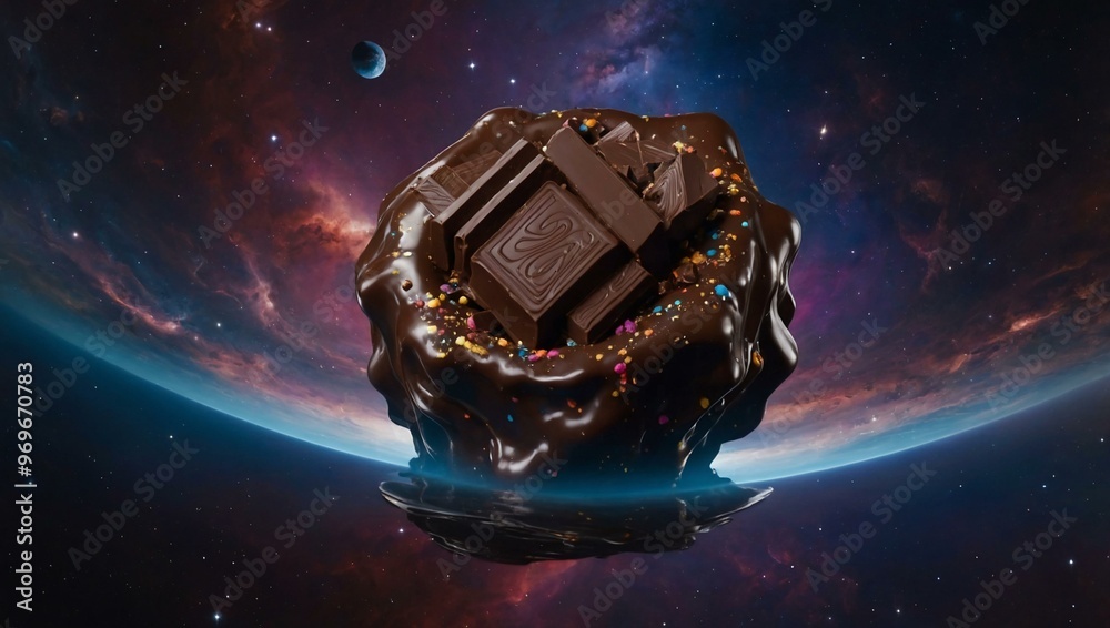 Cosmic chocolate sculpture floating in zero gravity, rich colors and ...