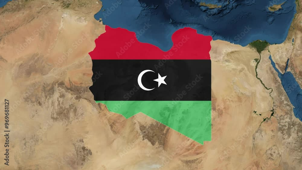 Zoom from Earth to Libya. (Country Flag) World map animation with ...