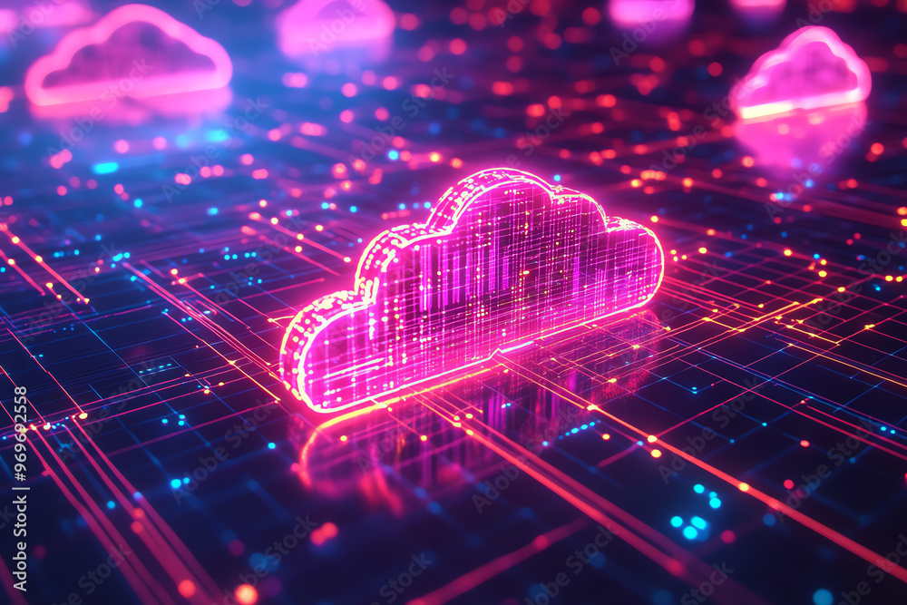 Neonlit cloud network diagram with retro 80s technology, glowing data ...