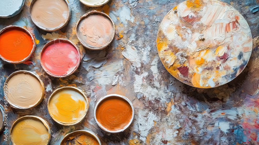 Abstract Paint buckets with paint brush, palette color and paint can ...