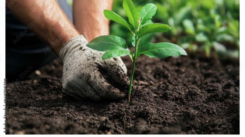 High-resolution image of a gardener planting a sapling in a garden bed ...
