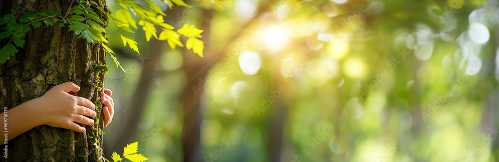 Child hug the trunk tree with green musk in tropical woods forest ...
