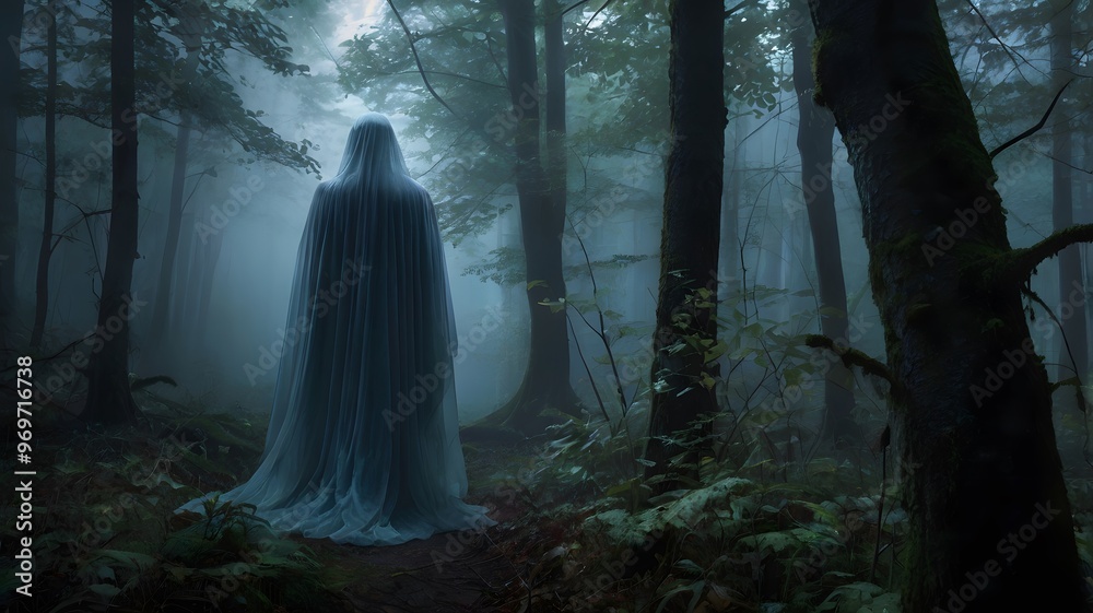 Ghostly figure, with a translucent, glowing appearance, floating in a ...