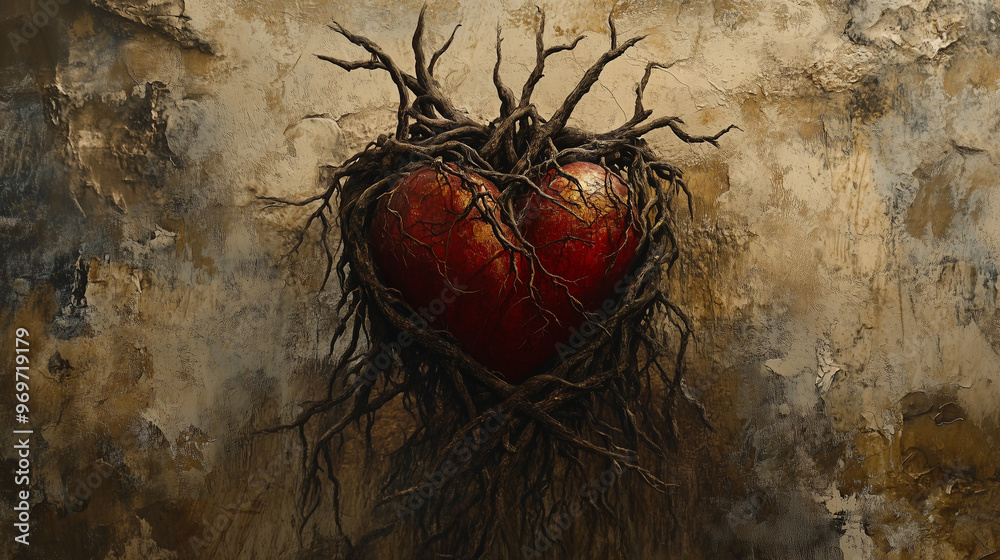 Rustic heart wrapped in twisted roots portraying connection to nature ...