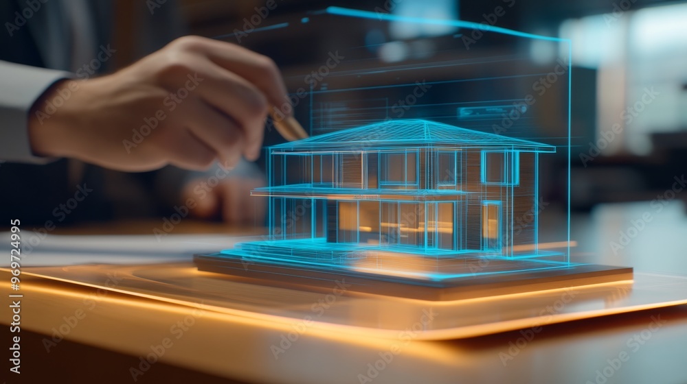 An architect skillfully works on a holographic 3D model of a ...