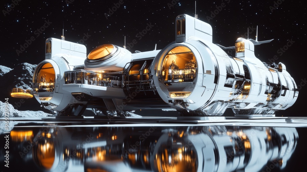 Minimalist and Monumental Futuristic Space Station at Night with Domed ...