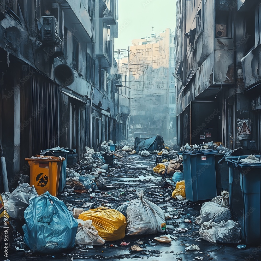 Urban alleyway filled with garbage, overflowing bins, and litter ...