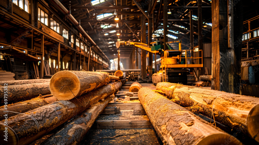Expansive timber mill with logs being processed, showcasing industrial ...
