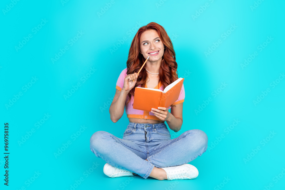 Full size photo of pretty young girl write notebook look minded empty ...