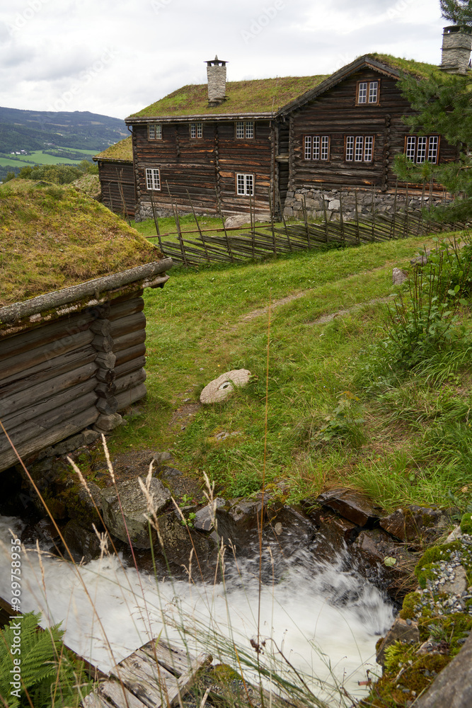 Enormous Decorated Two-Story Log House with a Fast-Flowing Stream at ...