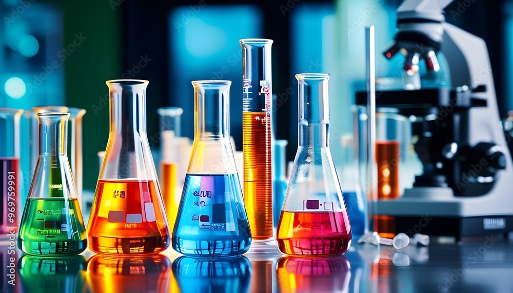 Vibrant glass flasks and chemical test tubes in a modern ...