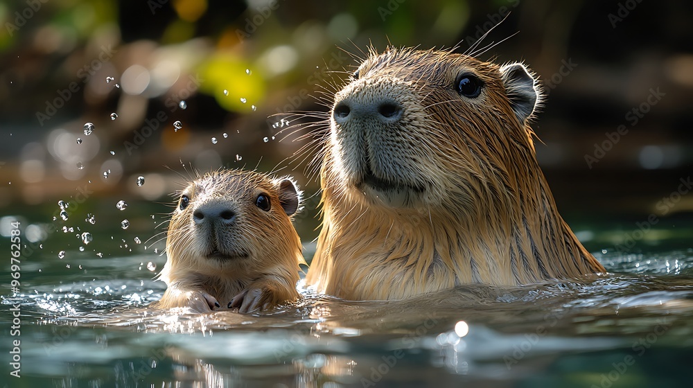 A mother capybara and her young pup are swimming together in a lake ...