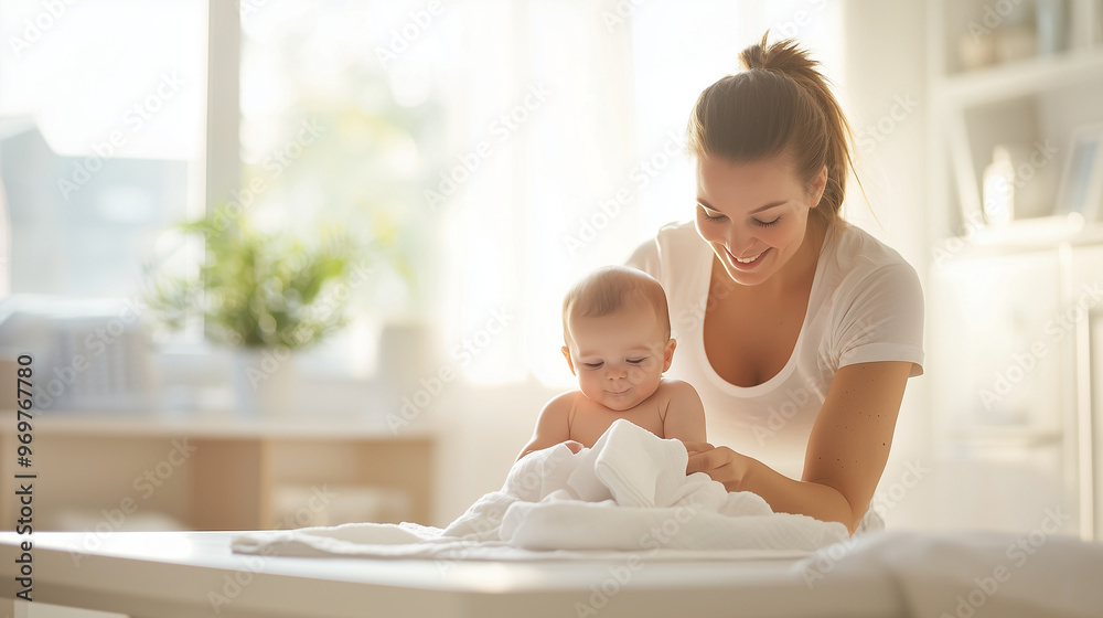 clean scene of a woman in a modern home carefully cleaning a baby with ...