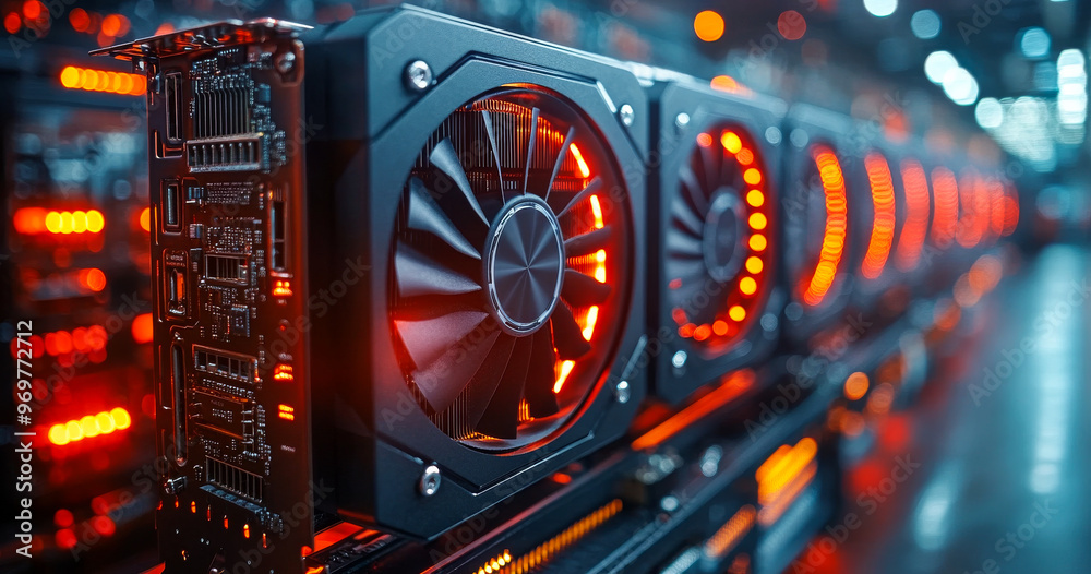 A row of computer fans are lit up in red. The fans are black and are ...