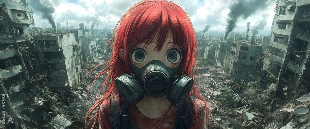 Red-haired Japanese girl wearing a gas mask sits in a dangerous area of ...