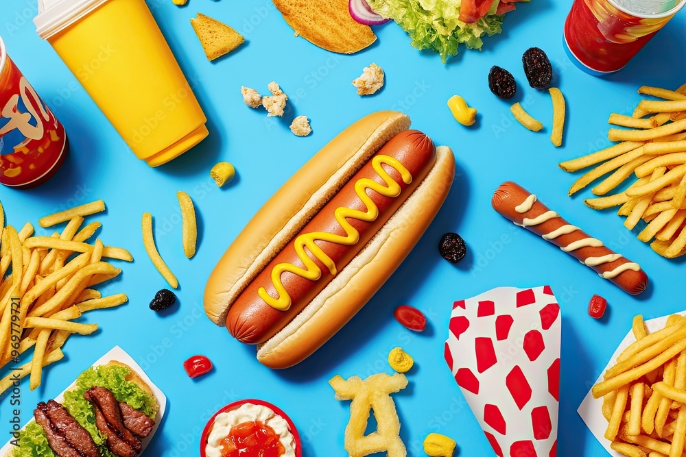 Collection of assorted fast food items like hot dogs, fries, and sodas ...