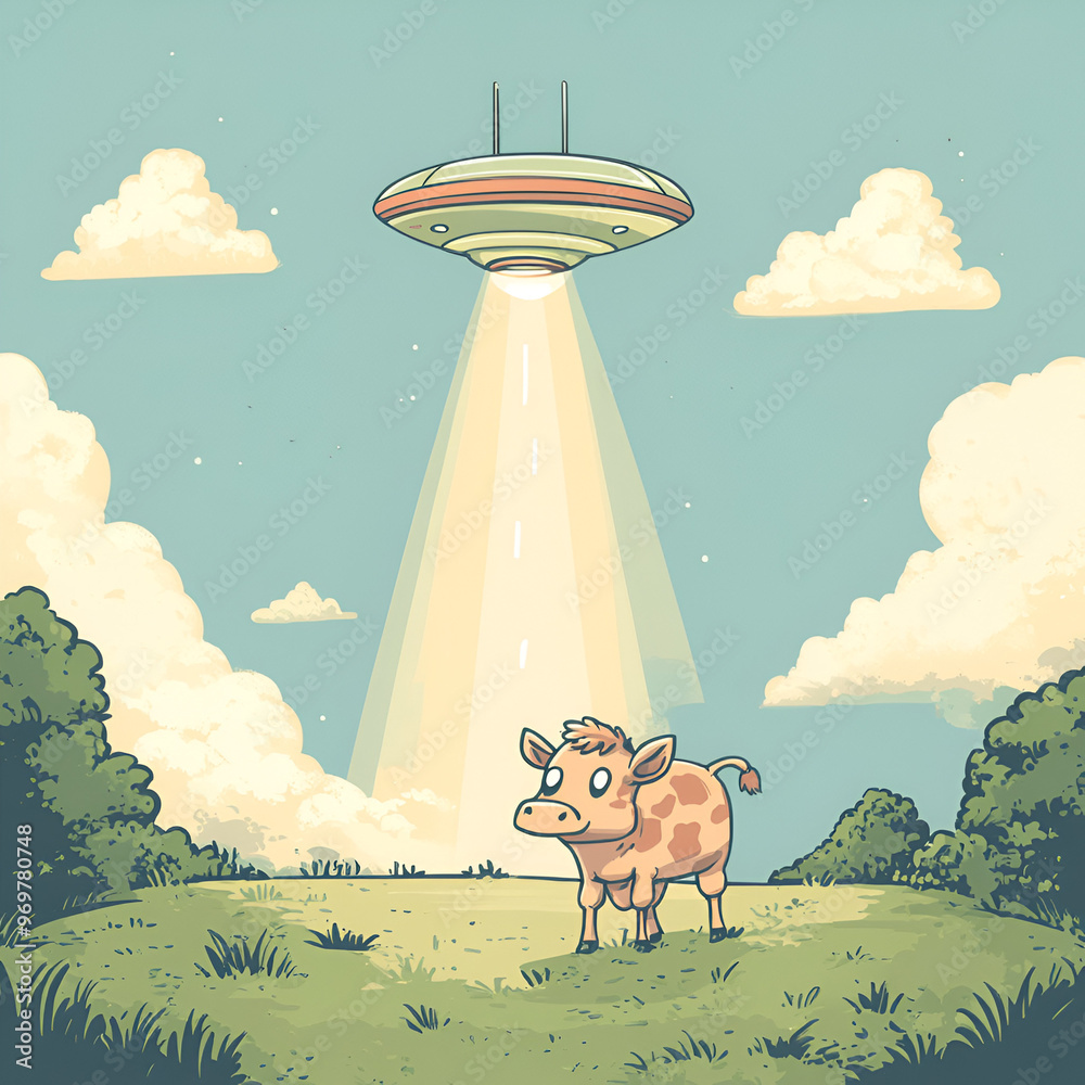 UFO Beams Up A Cow UFO Abducts A Cow UFO Steals A Cow Cartoon Style ...