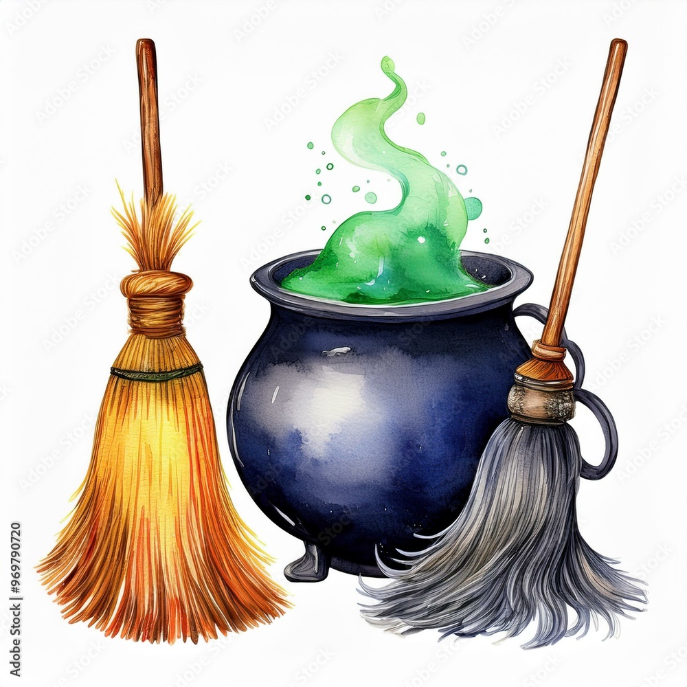Watercolor hand painted Brooms set. Cauldron, potion, magic, school of ...