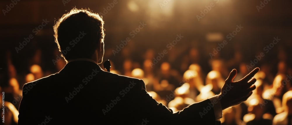 Public speaker exhibiting nervous hand movements, tense body language ...