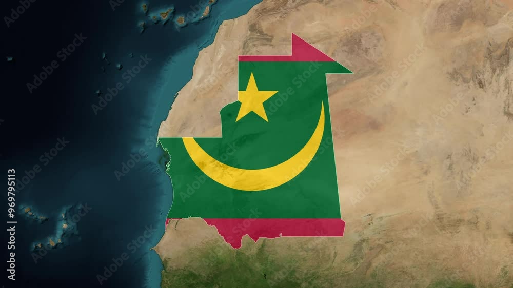 Zoom from Earth to Mauritania. (Country Flag) World map animation with ...