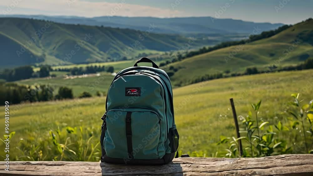 A serene landscape featuring a backpack in focus, capturing the essence ...
