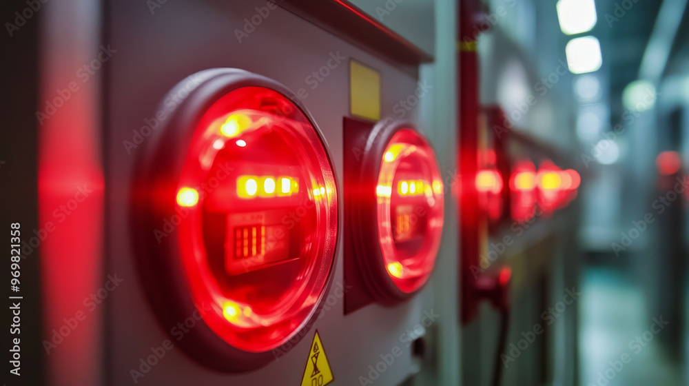 Industrial fire alarm system testing features bright red lights ...