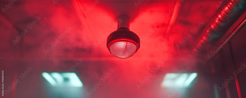 A red active fire alarm system is tested in smoke filled environment ...