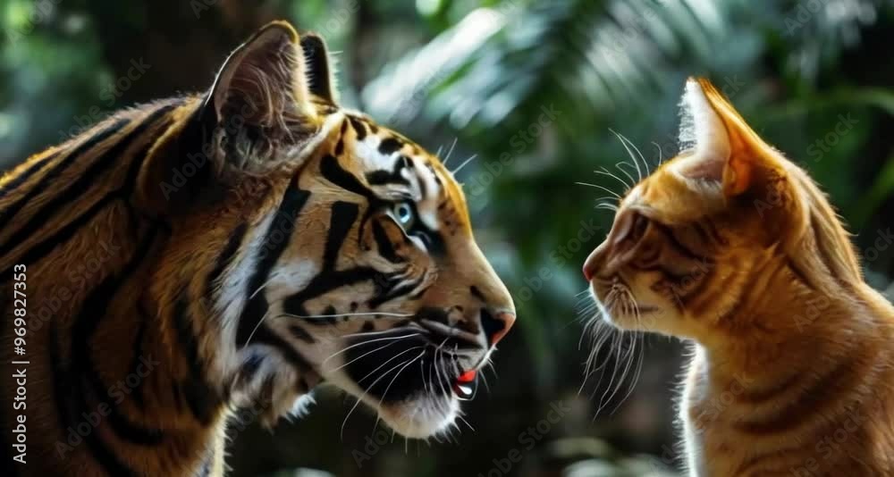 cat versus a tiger, head face to face in jungle video background ...