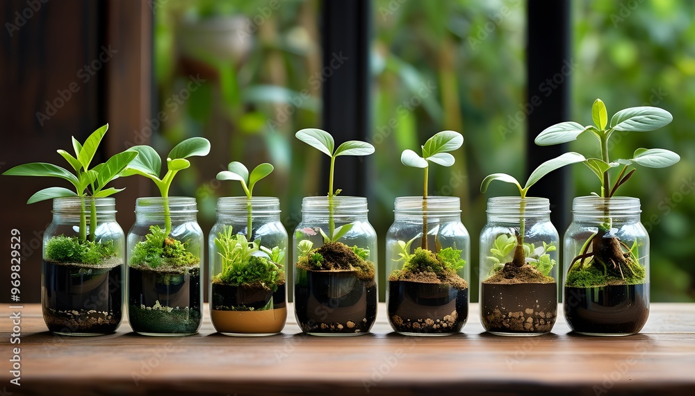 Exploring Growth Stages of Plants in Jars Highlighting Diverse Soil ...