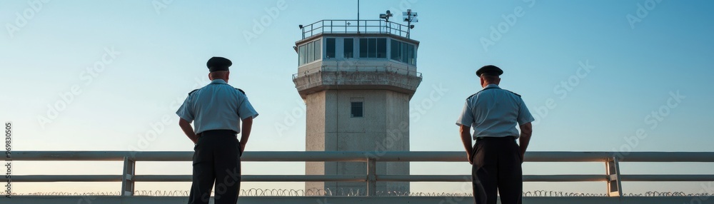Two prison guards stand near a watchtower, overseeing the correctional ...