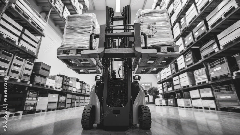 Wide-angle view of a forklift lifting pallets in a large warehouse with ...