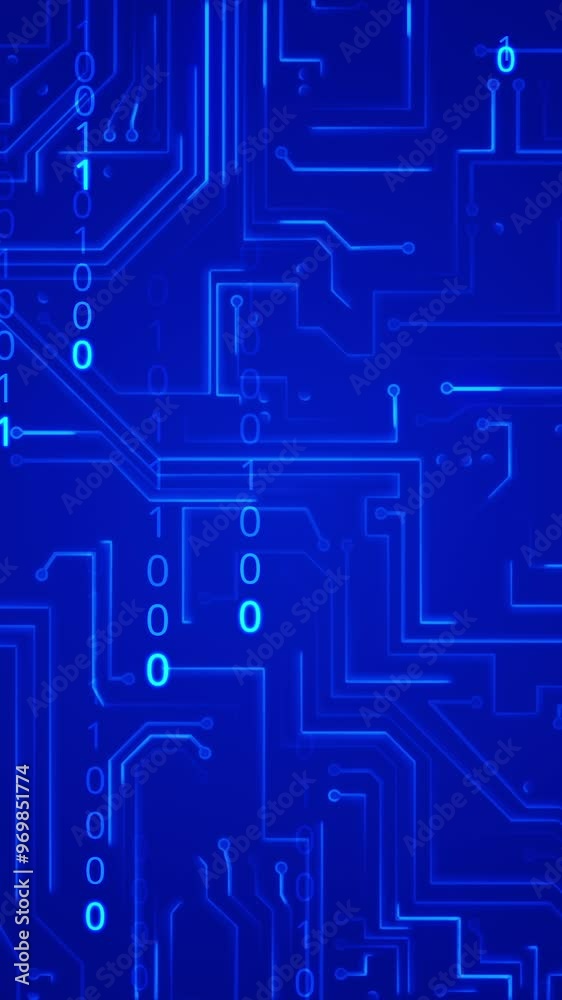 Circuit board connection and falling down binary code on blue ...