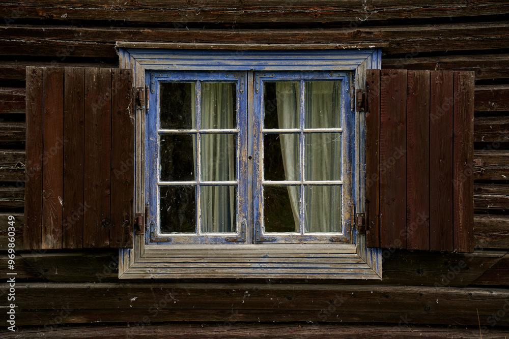 Old Natural Wood Window with Blue Frame on a Log House, Photographed ...