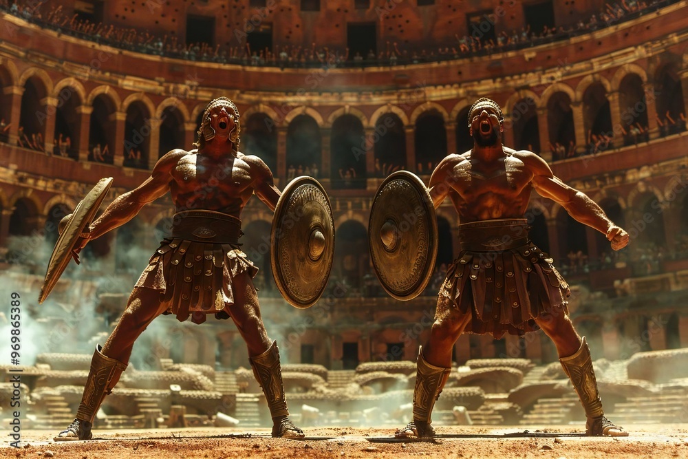 Two muscular Roman warriors in battle stance in the center of a ...