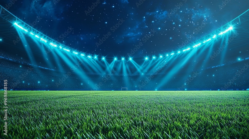 beautiful sports stadium with a green grass field shines with blue ...