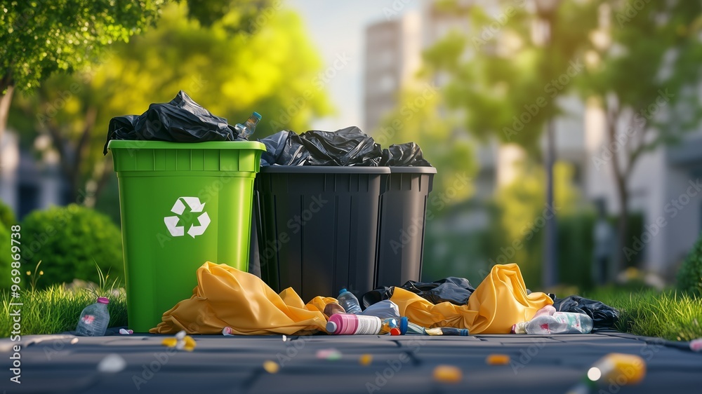 Full garbage bin and black plastic trash bags around. Overflowing ...