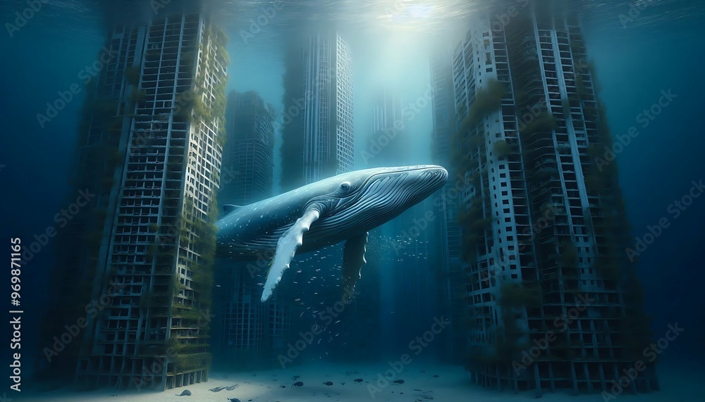 Giant whale swimming through submerged skyscrapers in an underwater ...