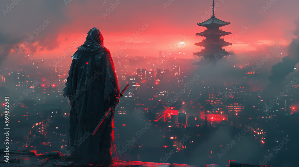 back of ninja with katana sword, black shinobi samurai with no master ...