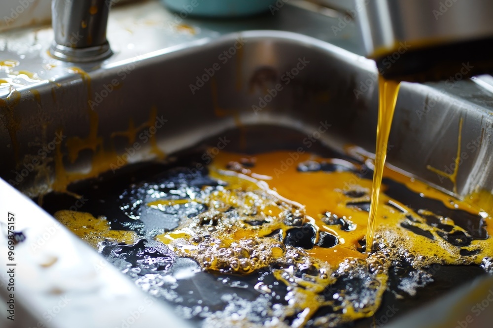 A close-up of a kitchen sink clogged with old cooking oil, illustrating ...