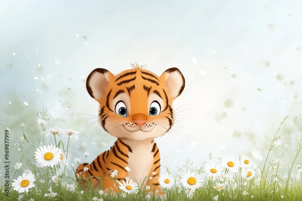 A cute cartoon tiger cub sits amidst a field of daisies, symbolizing ...
